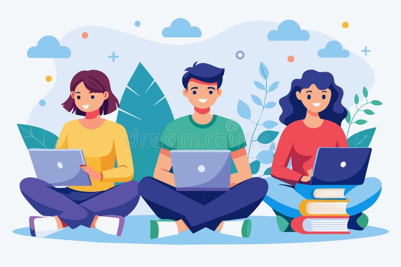 Three People Sitting on the Ground with Laptops, Time To Learn ...