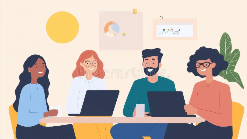 Three People Sitting at a Table with Laptops Stock Illustration ...