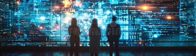 Three People Stand in Front of a Large Futuristic Digital Screen ...