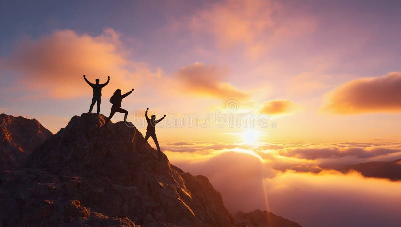 Three People Stand Triumphantly Atop a Mountain Peak at Sunset Stock ...