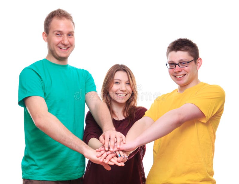 Three People Team Keeps on with Your Hands Stock Photo - Image of smile ...
