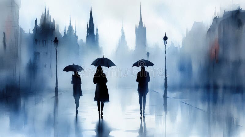 Three People with Umbrellas Walking Down a Street in the Rain, AI Stock ...
