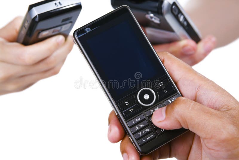 Three People Using Mobile Phones Stock Photo - Image of blue ...