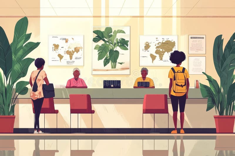 Three People Wait at a Contemporary Office Reception, Showcasing a Calm ...