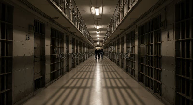 Three People Walk Down a Prison Corridor, the Long Hall of Cells ...