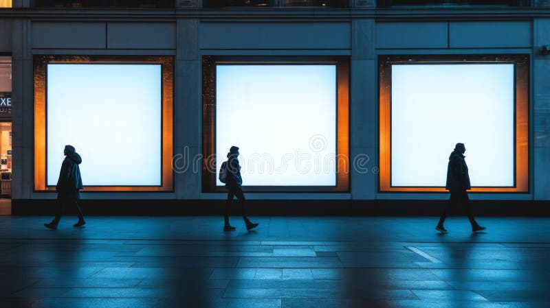 Three People Walk Near Illuminated Storefronts at Night in an Urban ...