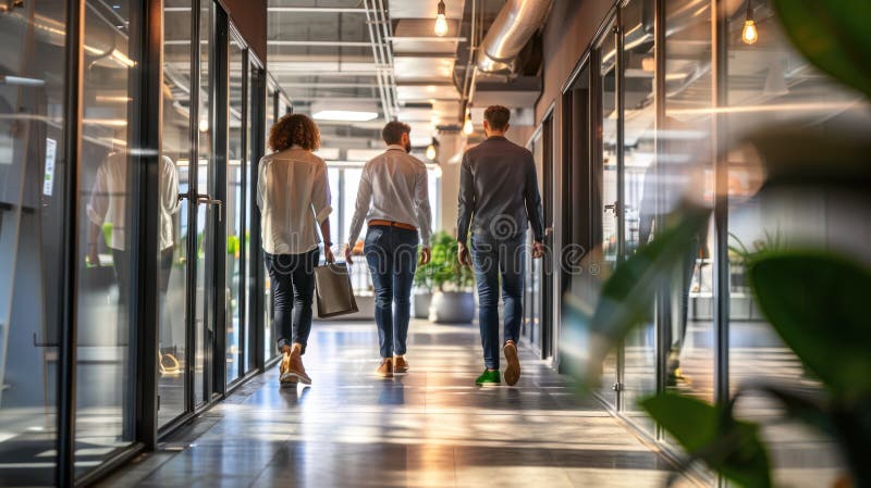 Three People Walking Away in Modern Office Corridor Stock Illustration ...