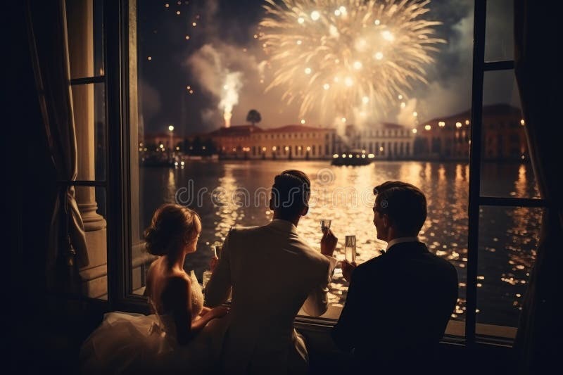 Three People Watching Fireworks from Window. Generative AI Stock Image ...