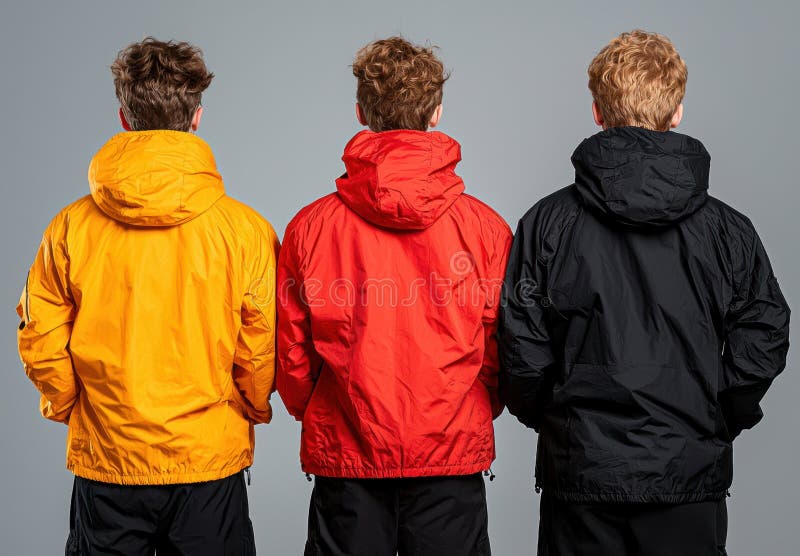 Three People Wearing Different Colored Hooded Jackets. Stock ...