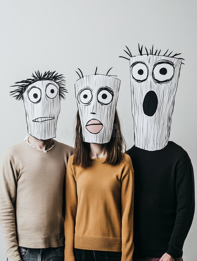 Three People Wearing Expression Masks Symbolizing Emotions or Personal ...