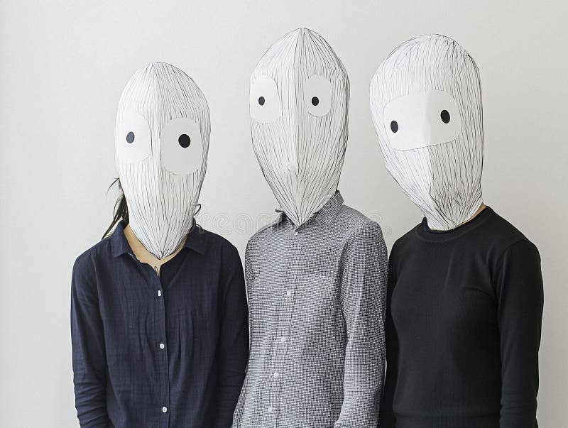 Three People Wearing Expression Masks Symbolizing Emotions or Personal ...