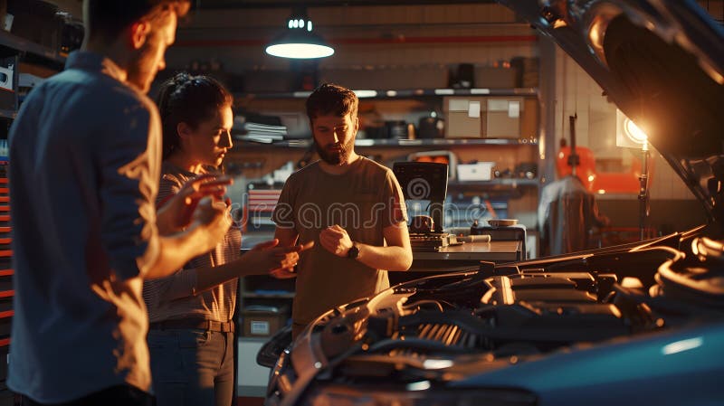 Three People are Working on a Car in a Garage. they are Discussing ...