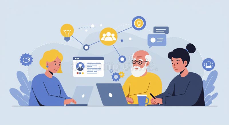 Three People are Working at Laptops Around a Table. an Older Man with Glasses Stock Illustration ...