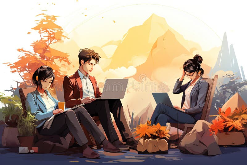 Three People Working Remotely, Illustration of People Working Online ...
