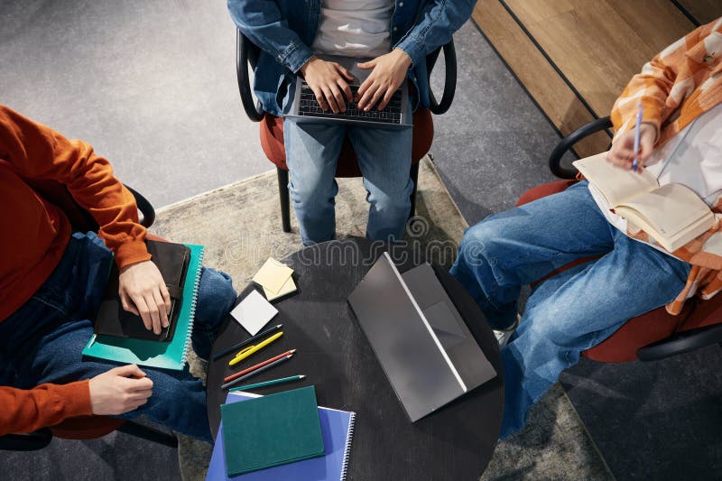 Three People Working Using Laptops in Office Above View Stock Image ...
