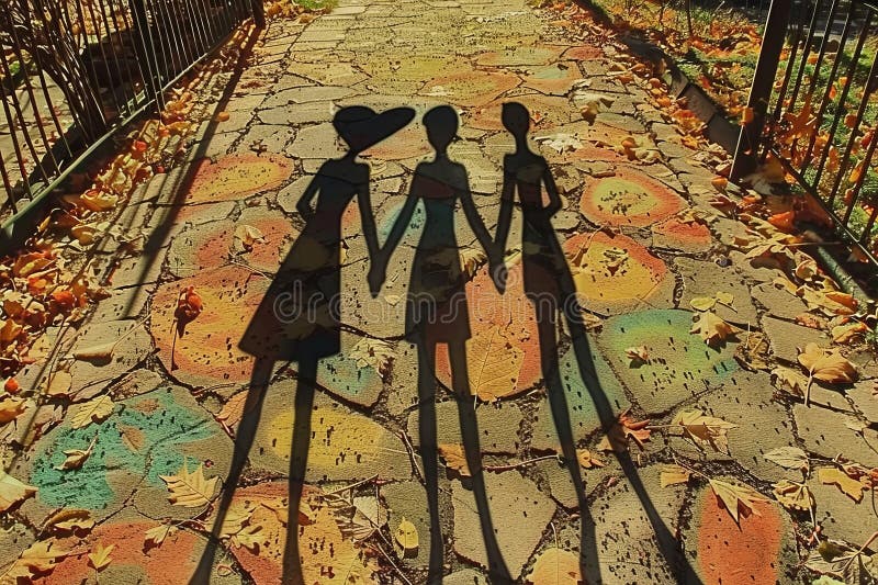 Three Peoples Shadows Standing on Path with Leaves. Generative AI Stock ...