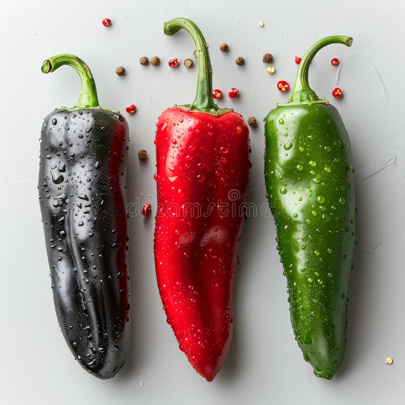 Three Peppers are Shown in a Row, with One Being Red, One Being Yellow ...