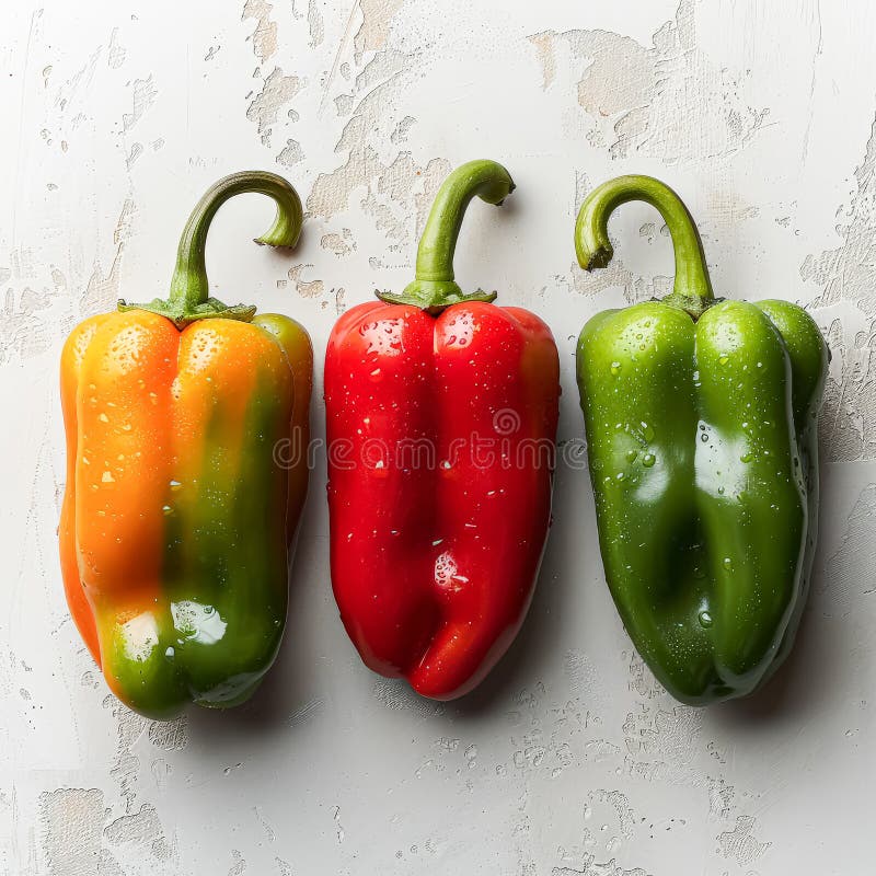 Three Peppers are Shown in a Row, with One Being Red, One Being Yellow ...