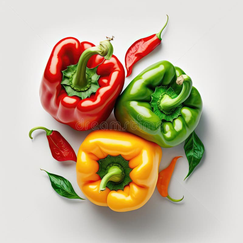 Three Peppers Yellow Green and Red on a White Background.Generative AI ...