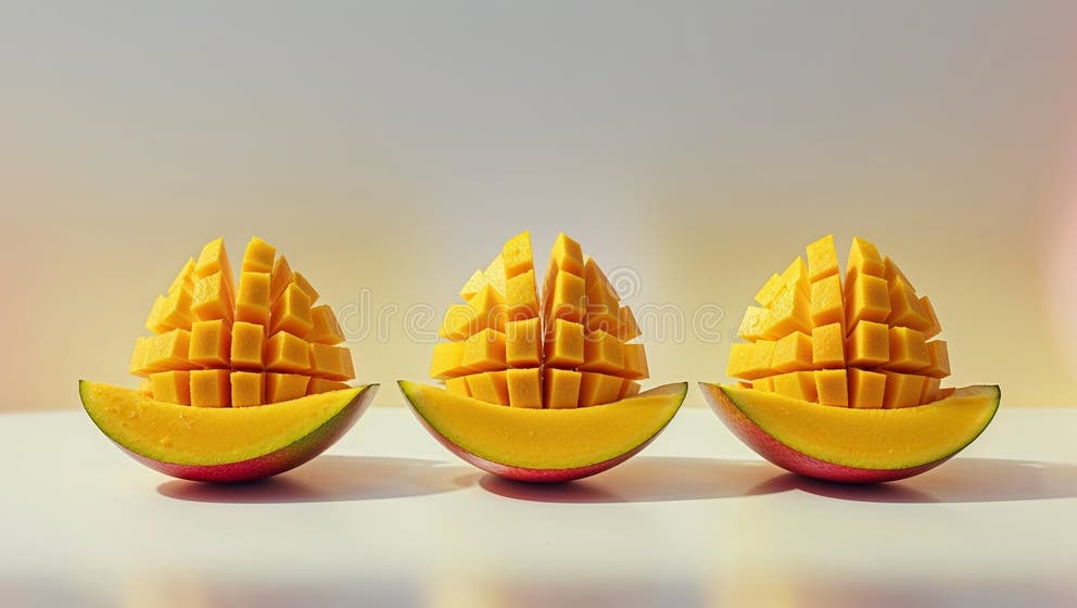 Three Perfectly Arranged Mango Halves Showing Cut Pieces on White ...
