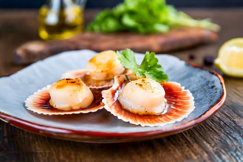 Three Perfectly Seared Scallops Served on Shell on Rustic Plate Stock ...