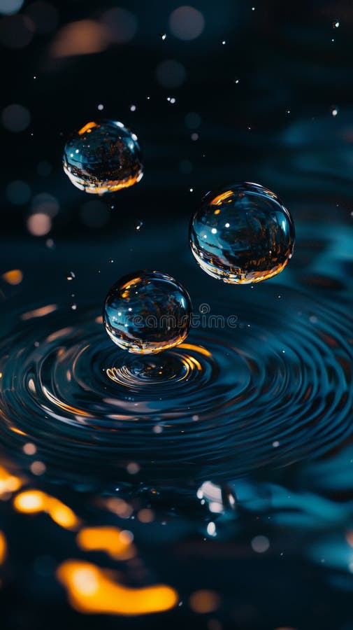 Three Perfectly Spherical Water Drops, Reflecting a Warm Light Source ...