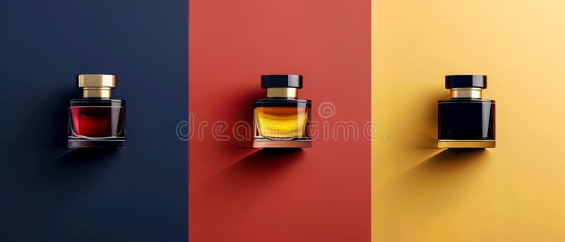 Three Perfume Bottles are Displayed on a Red, Yellow, and Blue ...