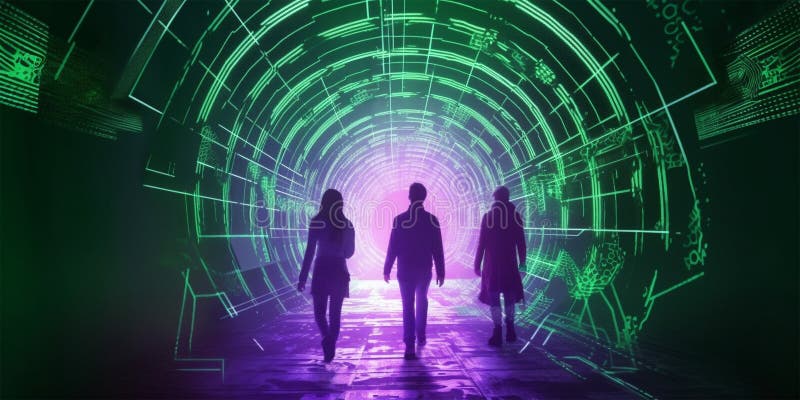 Three Persons Walking in the Metaverse or AI World. Artificial ...