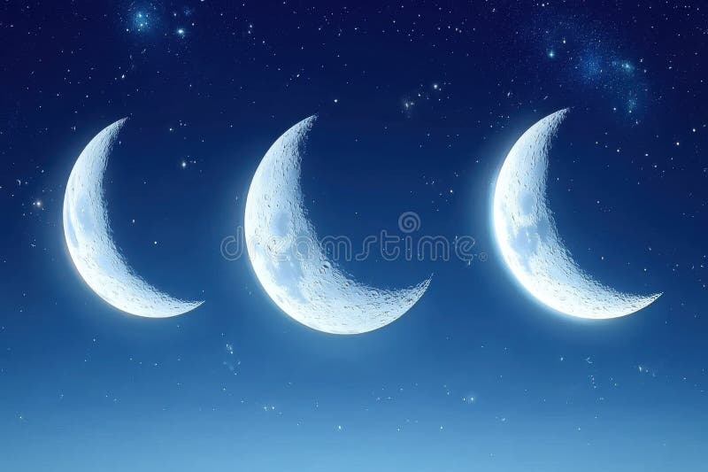 Three Phases of Crescent Moon Against a Starry Sky in Serene Night ...