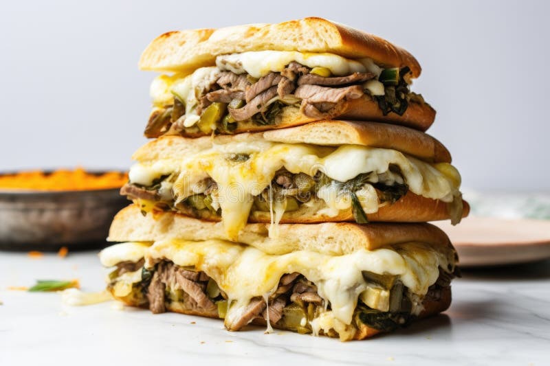 Three Philly Cheesesteak Stacked High, Showing the Layering of ...
