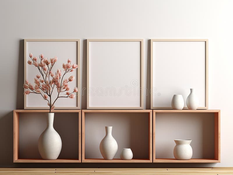 Three Photo Empty Mockup Frames Shelf , Flowers, . 3D Render. 3D ...