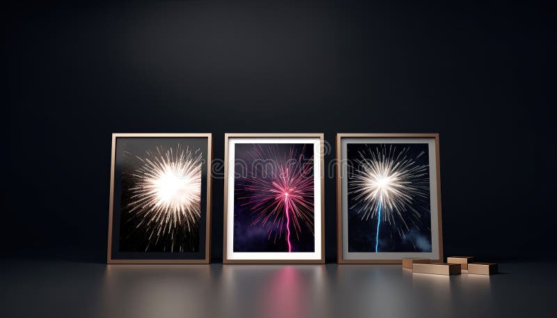 Three Picture Frames with Fireworks and Background Gradient Light Stock ...