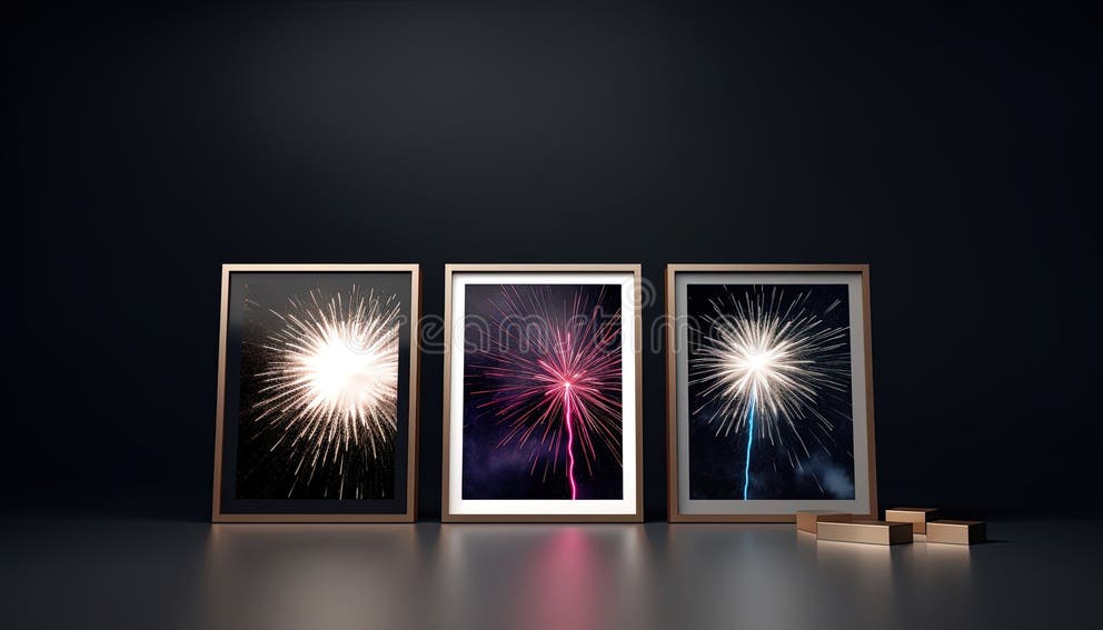 Three Picture Frames with Fireworks and Background Gradient Light Stock ...