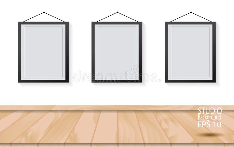 Three Picture Frames on Wooden Floor and White Wall Stock Vector ...
