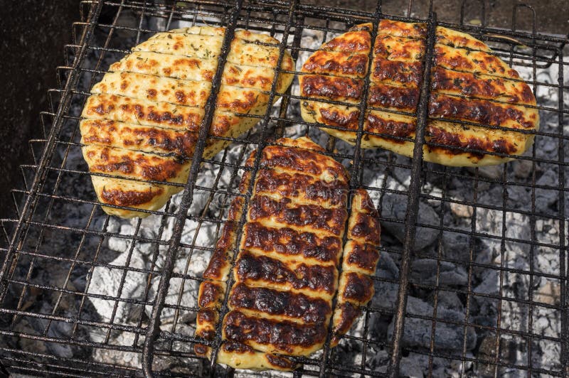 Three Piece of Cheese Cooking on Barbecue Stock Photo - Image of juicy ...