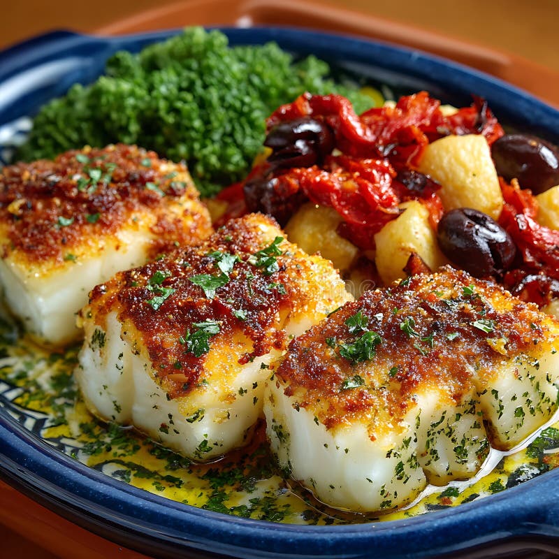 Three Pieces of Baked Cod with a Golden, Crispy Crust are Garnished ...