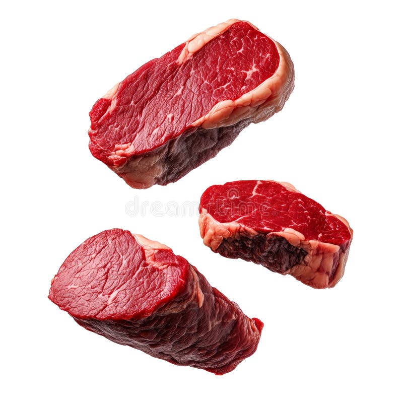 Three Pieces of Beef Sirloin Steak, Isolated on a White Background ...