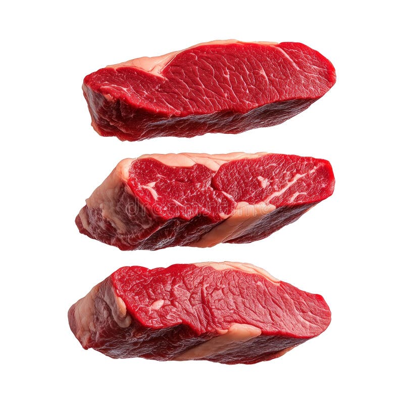 Three Pieces of Beef Steak, Showcasing Marbling, Isolated on a White ...