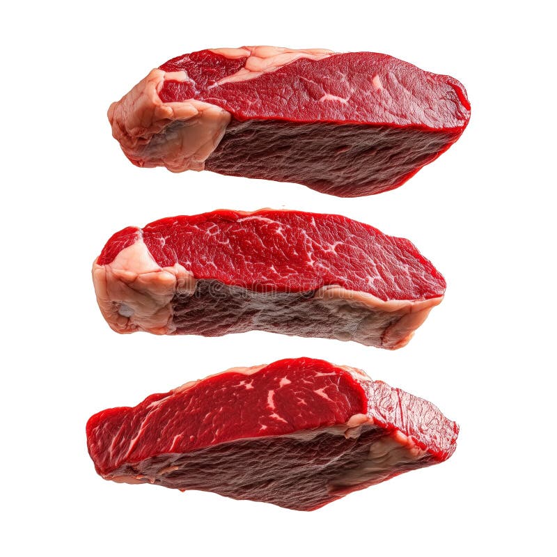 Three Pieces of Beef Steak, Showcasing Marbling, Isolated on a White ...