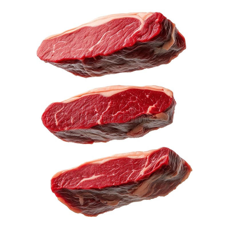 Three Pieces of Beef Steak, Showcasing Marbling, Isolated on a White ...