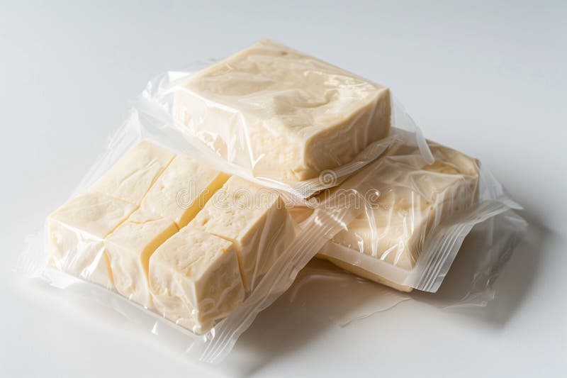 Three Pieces of Cheese Wrapped in Plastic on White Surface Stock Image ...