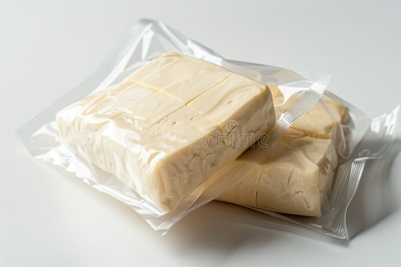 Three Pieces of Cheese Wrapped in Plastic on White Surface Stock ...