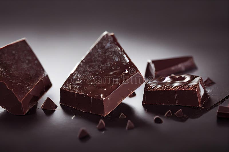 Three Pieces of Dark Bitter Chocolate with Chocolate Chips on Gray ...
