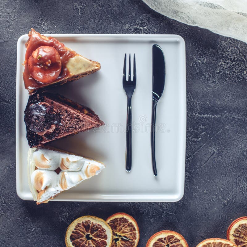 Three Pieces of Different Cakes on Plate Stock Image - Image of ...