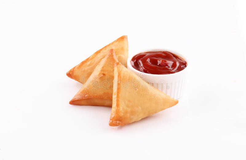 Three Pieces Golden Samosa Stuffed on White Background Stock Image ...