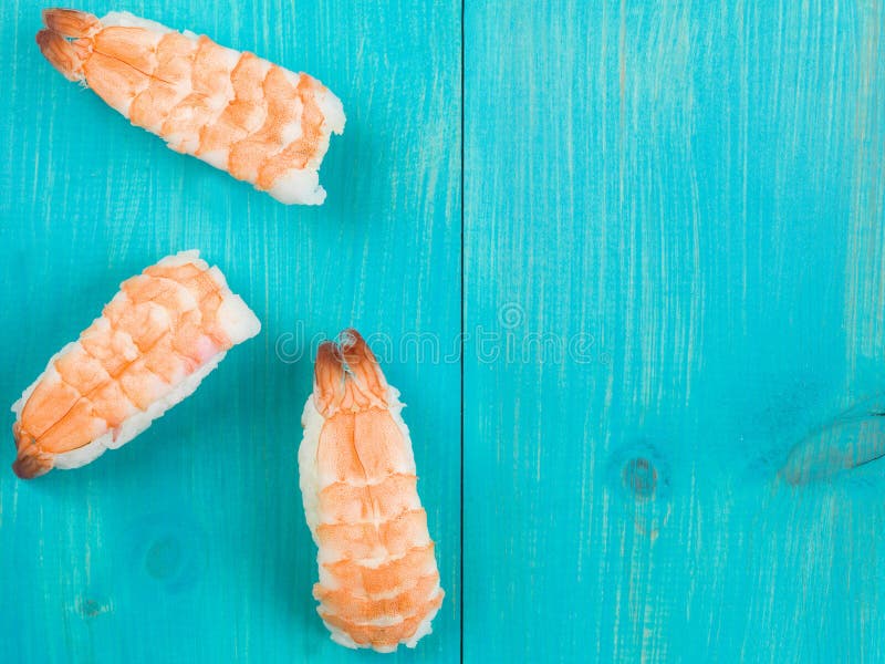 Three Pieces of King Prawn Japanese Style Sushi Stock Photo - Image of ...
