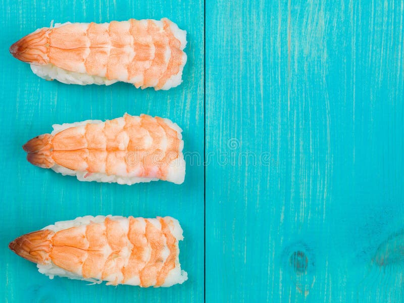 Three Pieces of King Prawn Japanese Style Sushi Stock Photo - Image of ...
