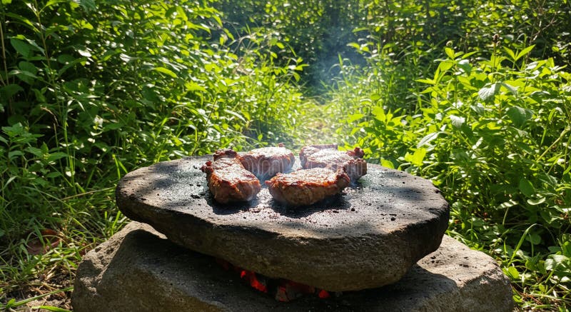 Three Pieces of Meat are Being Cooked on a Flat, Rustic Stone Grilling ...