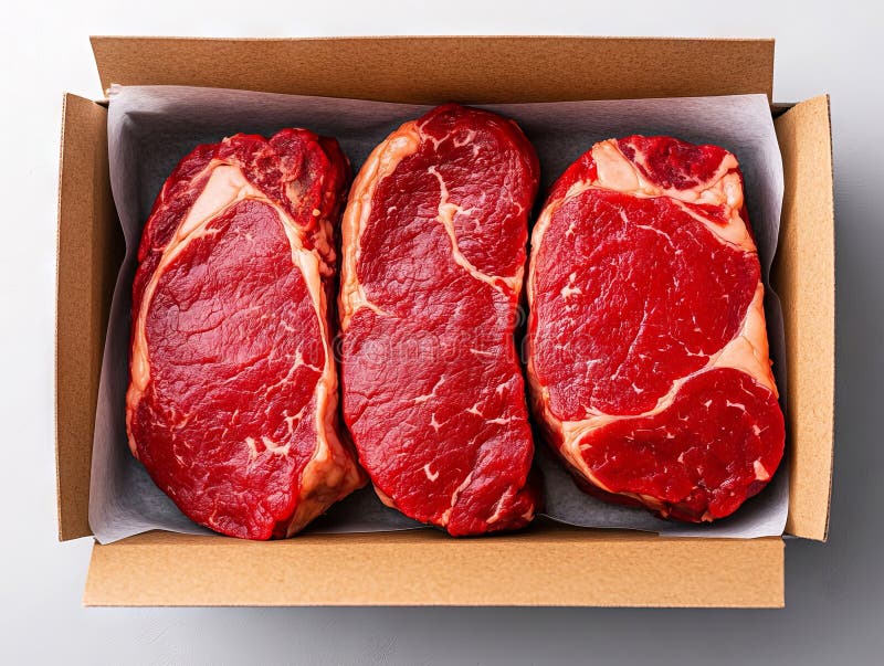 Three Pieces of Meat in a Cardboard Box on a Table Stock Image - Image ...