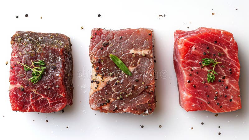 Three Pieces of Raw Seasoned Beef on White Background Stock Image ...